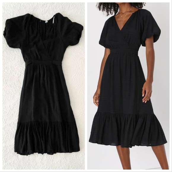 Lulus | Dresses | Lulus Adorable Type Black Surplice Puff Sleeve Midi ...